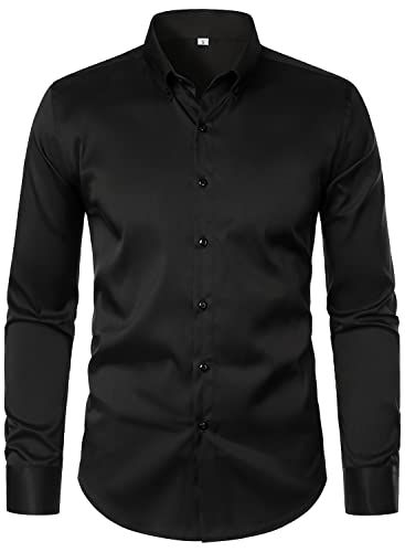 HOOD CREW Men’s Long Sleeve Button Down Shirt Slim Fit Casual Solid Dress Shirts Black 3XL