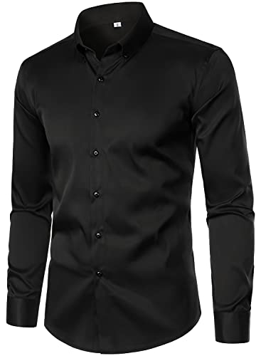 HOOD CREW Men’s Long Sleeve Button Down Shirt Slim Fit Casual Solid Dress Shirts Black 3XL