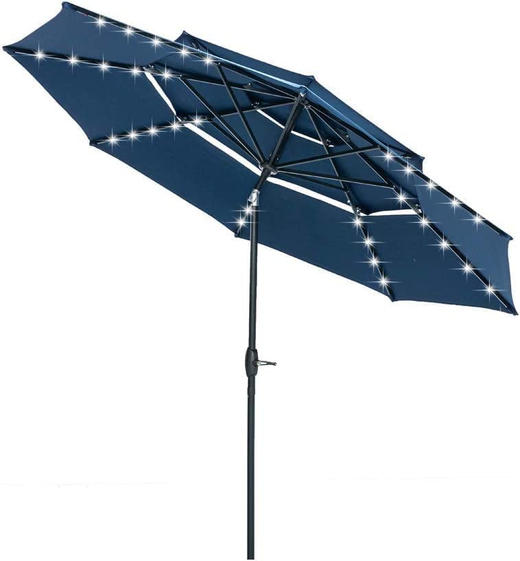 Saemoza 10ft 3 Tiers Patio Umbrella with Solar Powered, Outdoor Market Table Umbrella with 40 LED Lights, Push Button Tilt, Crank and 8 Ribs for Garden, Backyard and Pool (navy blue)