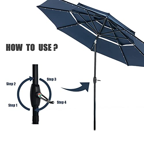 Saemoza 10ft 3 Tiers Patio Umbrella with Solar Powered, Outdoor Market Table Umbrella with 40 LED Lights, Push Button Tilt, Crank and 8 Ribs for Garden, Backyard and Pool (navy blue)