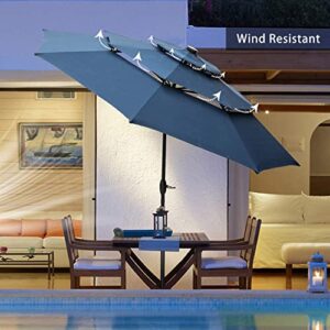 Saemoza 10ft 3 Tiers Patio Umbrella with Solar Powered, Outdoor Market Table Umbrella with 40 LED Lights, Push Button Tilt, Crank and 8 Ribs for Garden, Backyard and Pool (navy blue)