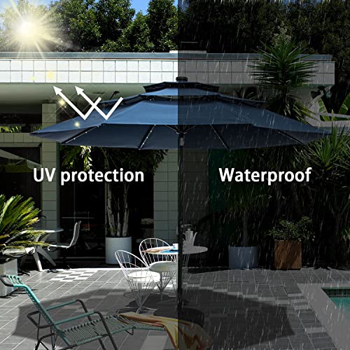 Saemoza 10ft 3 Tiers Patio Umbrella with Solar Powered, Outdoor Market Table Umbrella with 40 LED Lights, Push Button Tilt, Crank and 8 Ribs for Garden, Backyard and Pool (navy blue)