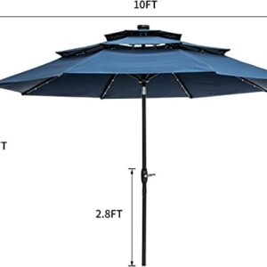 Saemoza 10ft 3 Tiers Patio Umbrella with Solar Powered, Outdoor Market Table Umbrella with 40 LED Lights, Push Button Tilt, Crank and 8 Ribs for Garden, Backyard and Pool (navy blue)