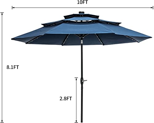 Saemoza 10ft 3 Tiers Patio Umbrella with Solar Powered, Outdoor Market Table Umbrella with 40 LED Lights, Push Button Tilt, Crank and 8 Ribs for Garden, Backyard and Pool (navy blue)