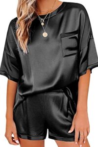 ekouaer womens, satin sleepwear, 2 piece slip silk pajamas, short sleeve top and loose shorts, nightwear, a-black, x-small