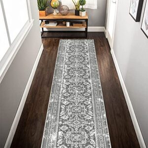 Pauwer Hallway Runner Rug 10Ft, Non-Slip & Non-Shedding, Traditional Vintage Carpet Runner, Faux Wool Soft Fuzzy Rug, Washable Low-Pile Floor Carpet for Kitchen Living Bathroom (Grey,1.7x10Ft)