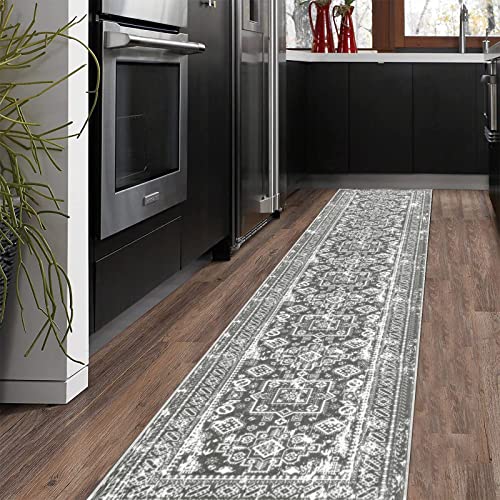 Pauwer Hallway Runner Rug 10Ft, Non-Slip & Non-Shedding, Traditional Vintage Carpet Runner, Faux Wool Soft Fuzzy Rug, Washable Low-Pile Floor Carpet for Kitchen Living Bathroom (Grey,1.7x10Ft)