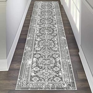 Pauwer Hallway Runner Rug 10Ft, Non-Slip & Non-Shedding, Traditional Vintage Carpet Runner, Faux Wool Soft Fuzzy Rug, Washable Low-Pile Floor Carpet for Kitchen Living Bathroom (Grey,1.7x10Ft)