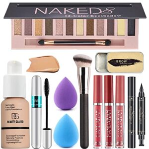 all in one makeup kit 12 colors naked eyeshadow palette, makeup brush, buff beige foundation, vibely mascara, liquid lipstick, makeup sponge, eyebrow soap kit, winged eyeliner stamp, makeup sets for women full kit (set b)