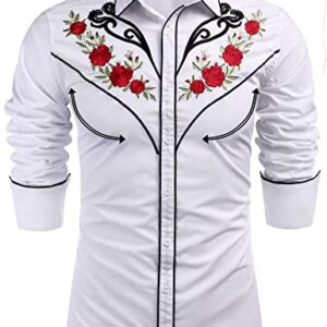 COOFANDY Men's Western Cowboy Shirt Embroidered Rose Vintage Long Sleeve Casual Button Down Shirt