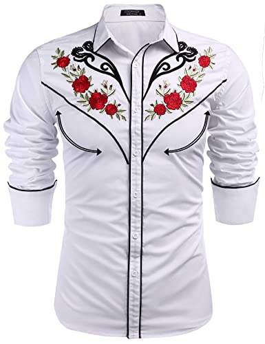 COOFANDY Men's Western Cowboy Shirt Embroidered Rose Vintage Long Sleeve Casual Button Down Shirt