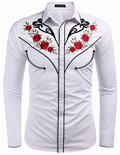 COOFANDY Men's Western Cowboy Shirt Embroidered Rose Vintage Long Sleeve Casual Button Down Shirt