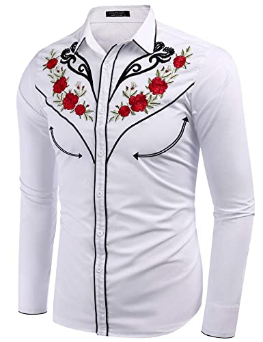 COOFANDY Men's Western Cowboy Shirt Embroidered Rose Vintage Long Sleeve Casual Button Down Shirt