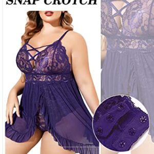 Avidlove Lingerie For Women Plus Size Babydoll Lace Nighties Sexy Strappy Exotic Sleepwear (Purple,XXL)