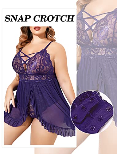 Avidlove Lingerie For Women Plus Size Babydoll Lace Nighties Sexy Strappy Exotic Sleepwear (Purple,XXL)