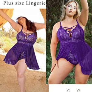 Avidlove Lingerie For Women Plus Size Babydoll Lace Nighties Sexy Strappy Exotic Sleepwear (Purple,XXL)