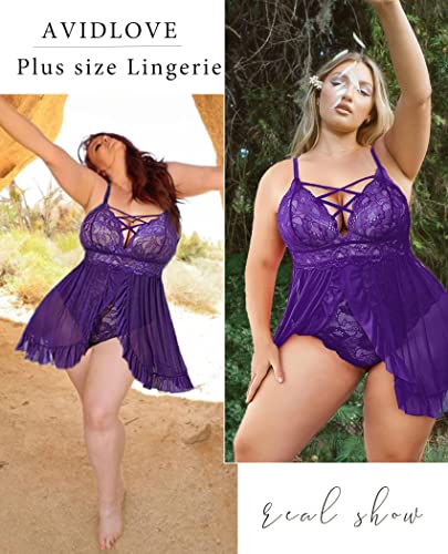 Avidlove Lingerie For Women Plus Size Babydoll Lace Nighties Sexy Strappy Exotic Sleepwear (Purple,XXL)