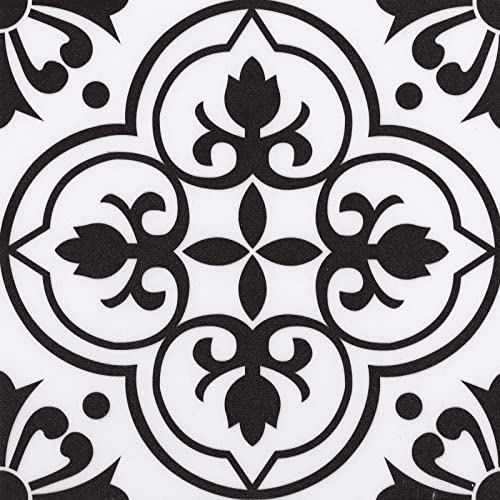 Peel and Stick Floor Tile 11.8In by 11.8In Black and White Flower Floor Tiles Self-Adhesive Removable for Bathroom/Kitchen 10 PCS