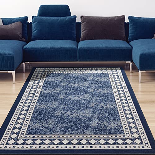 Antep Rugs Alfombras Modern Bordered 8x10 Non-Skid (Non-Slip) Low Profile Pile Rubber Backing Indoor Area Rugs (Navy Blue, 7'10" x 10')