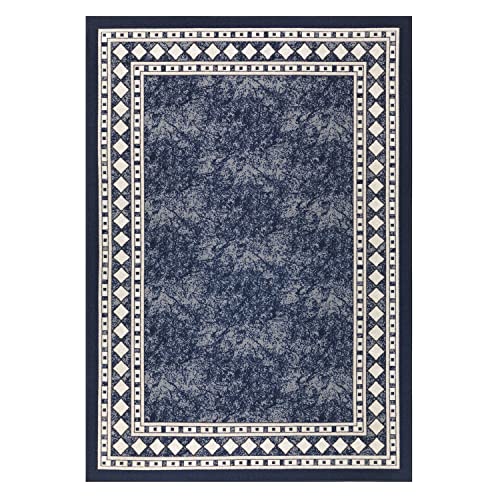 Antep Rugs Alfombras Modern Bordered 8x10 Non-Skid (Non-Slip) Low Profile Pile Rubber Backing Indoor Area Rugs (Navy Blue, 7'10" x 10')