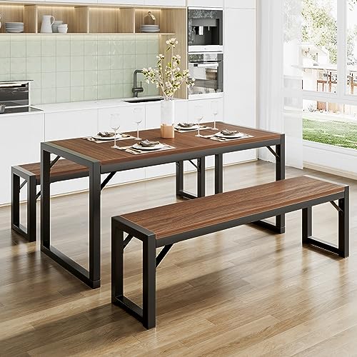 SHA CERLIN 3-Piece Dining Table Set with 2 Benches, Rustic Kitchen Table Set for 4-6, Space-Saving Dinette, Sturdy Structure, Easy Assemble, Walnut/Black