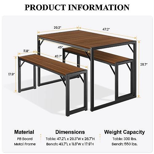 SHA CERLIN 3-Piece Dining Table Set with 2 Benches, Rustic Kitchen Table Set for 4-6, Space-Saving Dinette, Sturdy Structure, Easy Assemble, Walnut/Black