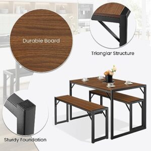 SHA CERLIN 3-Piece Dining Table Set with 2 Benches, Rustic Kitchen Table Set for 4-6, Space-Saving Dinette, Sturdy Structure, Easy Assemble, Walnut/Black