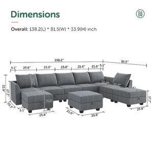 HONBAY Oversized Sectional Sofa with Wide Chaise Reversible Sectional Modular Sofa Couch with Ottomans U Shaped Corner Sectional with Storage for Living Room, Office, Spacious Space,Grey