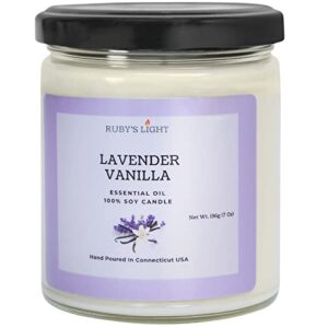 essential oil candle | aromatherapy for the home | 9 oz glass jar | all-natural soy candles | cotton wick | high scent | 40 hours burn time | gift for women & men (lavender vanilla)