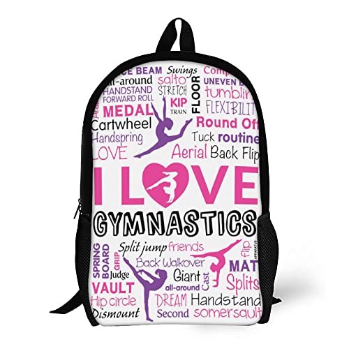 WZOMT I Love Gymnastics School Backpack Gymnast with Inspirational Quotes Hot Purple Pink Rucksack Travel Daypack Elementary Middle College Book Bags for Girls Women Kids Students, Large 17"