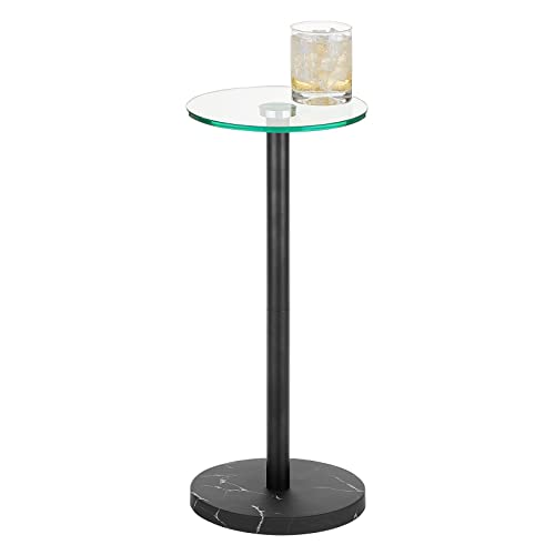 mDesign Glass Top Side/End Drink Table - Small Modern Round Accent Metal Nightstand Furniture for Living Room, Dorm, Home Office, and Bedroom - 9" Round - Clear/Matte Black Marble Print