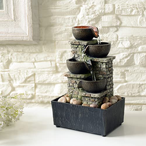 9.3 Inches 4-Tier Cascading Bowl Fountains Indoor Waterfall Fountain Relaxation Water Fountains Meditation Tabletop Fountain Artistic Desk Fountains with LED/Rocks Home/Office Decoration