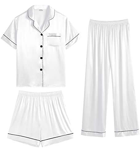 SWOMOG Womens 3pcs Satin Pajamas Shorts Set Button Down Short Sleeve Pjs Loungewear Long Lounge Pants with Pockets White