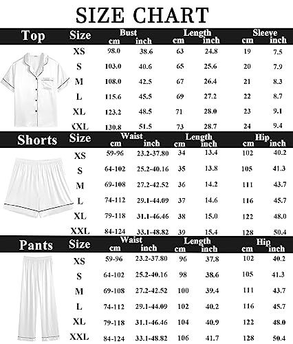 SWOMOG Womens 3pcs Satin Pajamas Shorts Set Button Down Short Sleeve Pjs Loungewear Long Lounge Pants with Pockets White