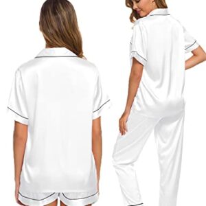 SWOMOG Womens 3pcs Satin Pajamas Shorts Set Button Down Short Sleeve Pjs Loungewear Long Lounge Pants with Pockets White