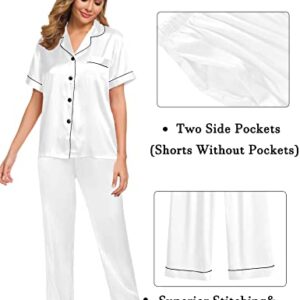 SWOMOG Womens 3pcs Satin Pajamas Shorts Set Button Down Short Sleeve Pjs Loungewear Long Lounge Pants with Pockets White