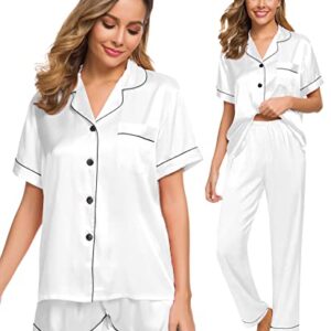 SWOMOG Womens 3pcs Satin Pajamas Shorts Set Button Down Short Sleeve Pjs Loungewear Long Lounge Pants with Pockets White