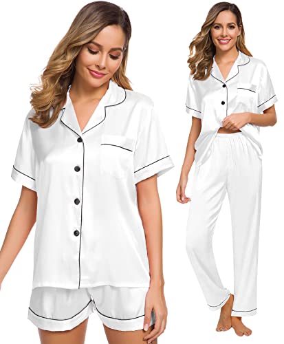 SWOMOG Womens 3pcs Satin Pajamas Shorts Set Button Down Short Sleeve Pjs Loungewear Long Lounge Pants with Pockets White