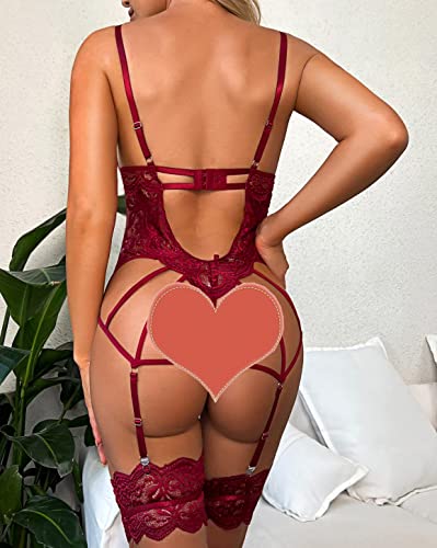 Donnalla Women Sexy Lingerie Set with Garter Belt Lace Bodysuit Teddy with Panty (Wine Red Large)