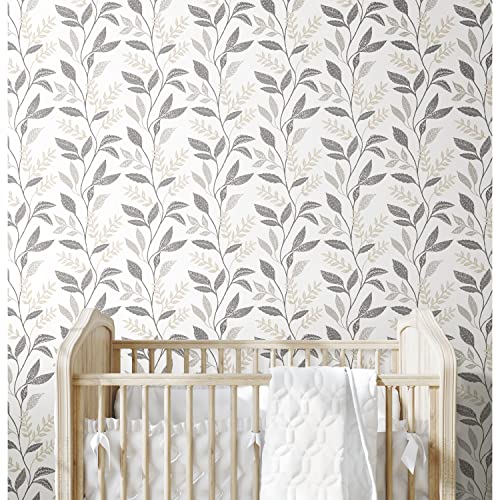 RoomMates RMK12178PLW White Cottage Vine Peel and Stick Wallpaper, Grey, Taupe