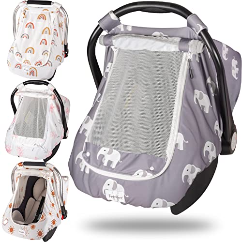 Car Seat Covers for Babies, Large Window Baby Car Seat Covers, Stretchy Carseat Canopy with Breathable Peekaboo, Kick-Proof & Windproof Infant Carseat Cover for Boys Girls