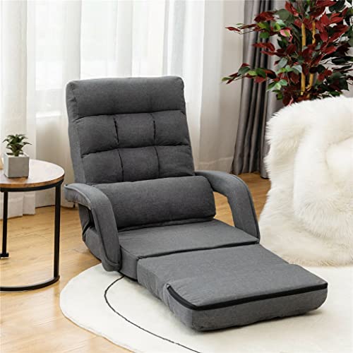 SJYDQ Folding Lazy Sofa Floor Massage Chair Sofa Lounger Bed W/Armrests Pillow Grey Folding Floor Single Sofa