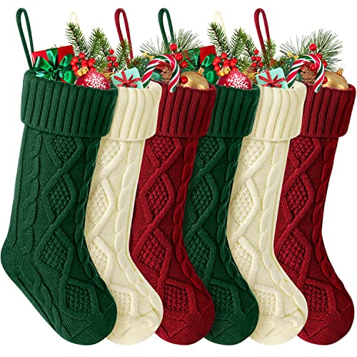 Hommtina Christmas Stockings, Personalized Christmas Stockings 18 Inches Large Size Cable Knitted Stocking Gifts (6pcs White&red&Green)