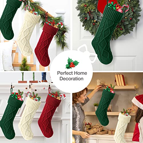 Hommtina Christmas Stockings, Personalized Christmas Stockings 18 Inches Large Size Cable Knitted Stocking Gifts (6pcs White&red&Green)