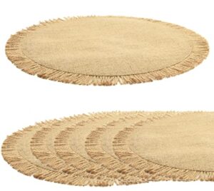 anqlrmd burlap round placemats set of 6 fall table decor, boho natural jute with fringe table mats for dining table, rustic farmhouse table circle placemats dia 15", indoor& outdoor eco-friendly