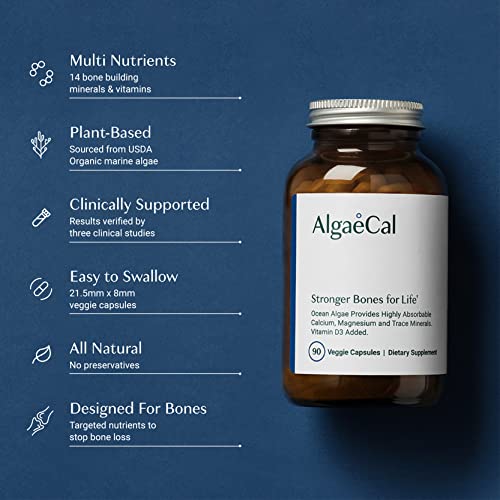 ALGAECAL - Plant Based Calcium Supplement with Vitamin D3 (1000 IU) for Bone Strength, Contains 13 Minerals Supporting Bone Health, Organic Calcium (750 mg) for Women & Men, 90 Veggie Caps