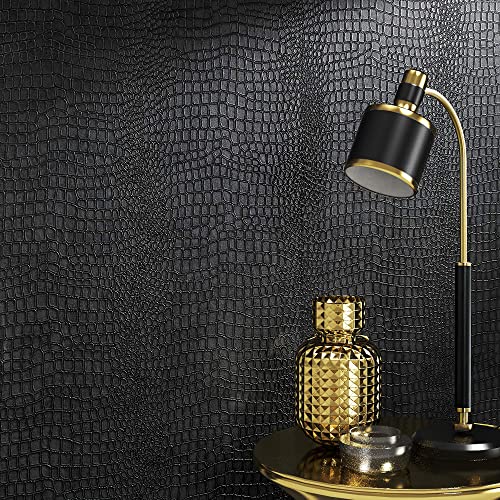 39.4 Ft x 17.7'' Crocodile Wallpaper Lavish Black Matte Crocodile Textured Wallpaper Self Removable for Home Decoration Renovation [ Paste The Wall Product ]