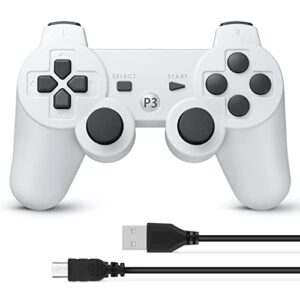 powerextra ps-3 controller wireless compatible with play-station 3 rechargable remote control gamepad with charging cable for ps-3 (white)