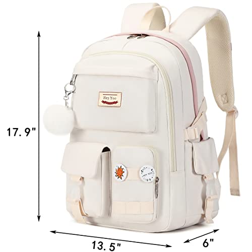 Hey Yoo Backpack for Girls Bookbag Cute School Bag College Middle High Elementary School Backpack for Teen Girls (White)