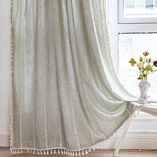 RoomTalks Sage Green Boho Farmhouse Curtains for Bedroom Living Room 84 Inch Length French Country Spring Cute Textured Window Curtain Panels Striped Bohemian Chic Tassel Draperies, 84’’L x 52’’W